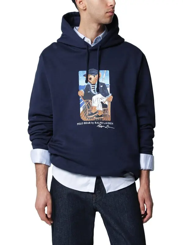 Polo Ralph Lauren Navy Cotton Hoodie With Polo Bear Print - Blue