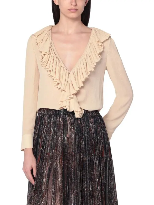 Saint Laurent Silk Crêpe Ruffled Blouse - Beige