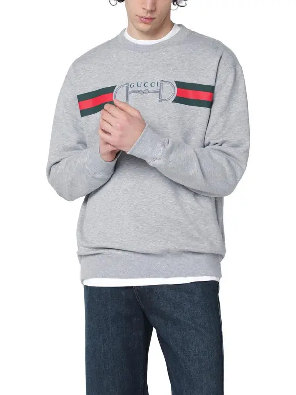Gucci Mélange Brushed Cotton Jersey Sweatshirt With Logo Print And Web Stripe - Grey