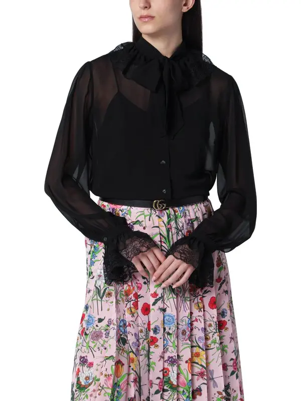 Gucci Lightweight Silk Georgette Shirt With Lace Trim And Self-tie Bow - Black