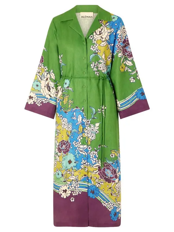 ALEMAIS Belted Floral Print Linen Midi Shirt Dress - Multi