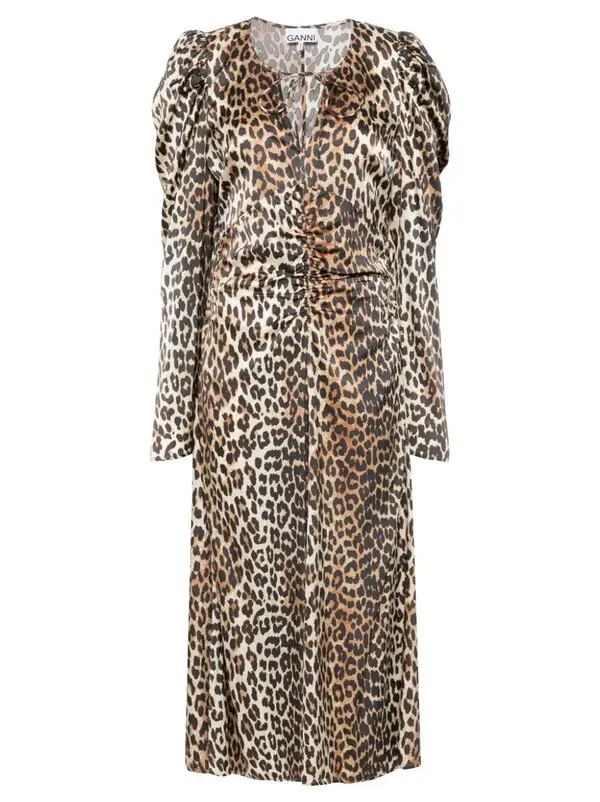 GANNI Leopard Print Midi Dress - Multi