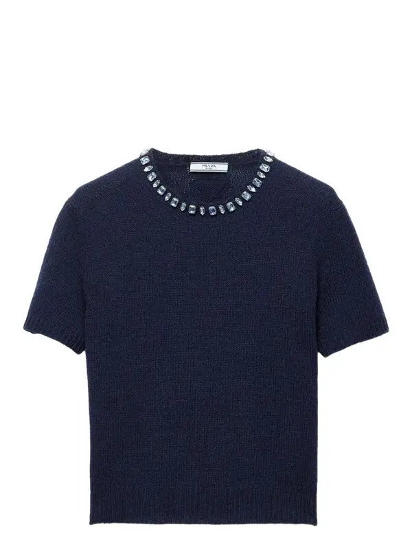 Prada Cashmere Crewneck Sweater With Jewel Embellishments - Blue