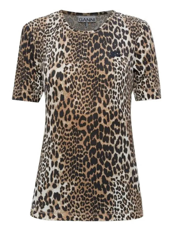 GANNI Leopard Print Logo Appliqué Cotton T-shirt - Multi