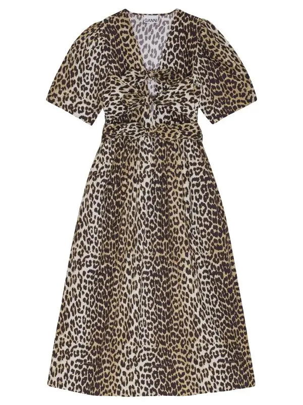 GANNI Leopard Print Organic Cotton Midi Dress - Multi