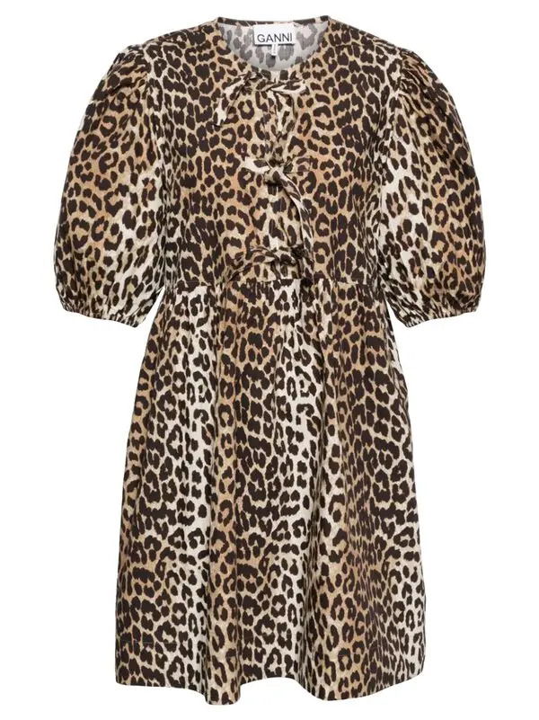 GANNI Organic Cotton Leopard Print Mini Dress With Puff Sleeves - Multi
