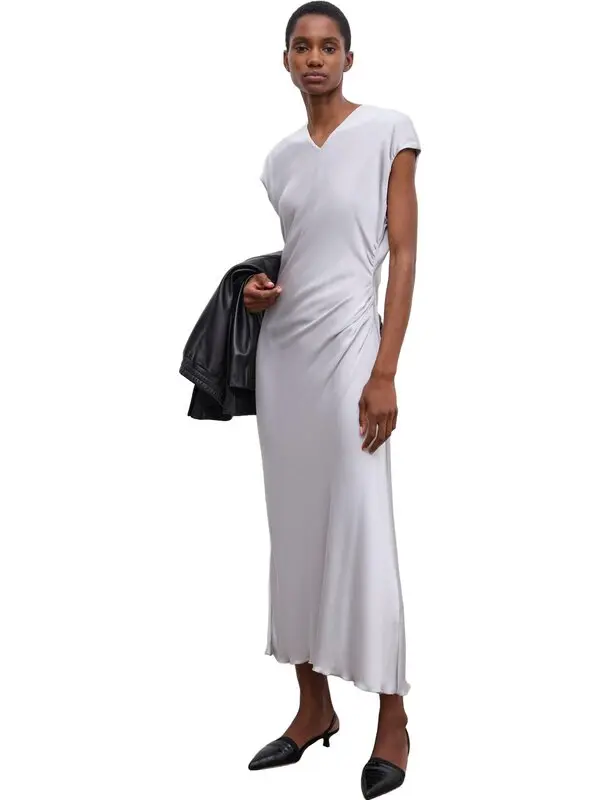 HOUSE OF DAGMAR Fluid Viscose Satin V-neck Midi Dress - Silver