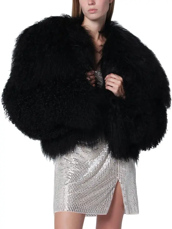 Attico Cropped Bomber Jacket In Curly Shearling - Black