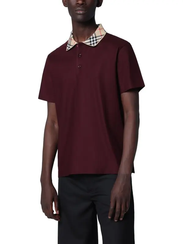 Burberry Cotton Polo Shirt With Check Collar In Vineyard - Red