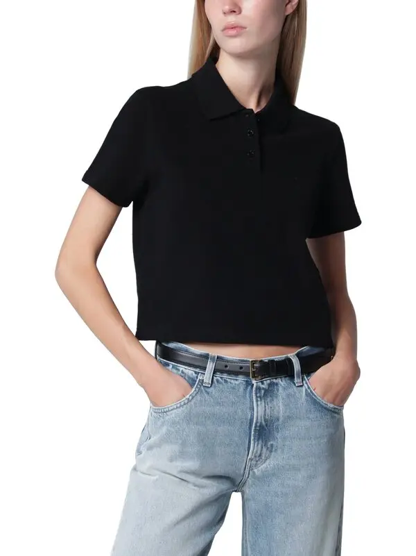 Saint Laurent Cropped Cotton Piqué Polo Shirt - Black