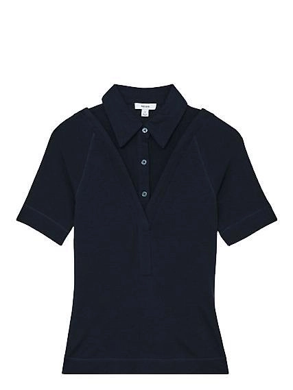 REISS Shona Collar-insert Stretch-knit Top - Navy