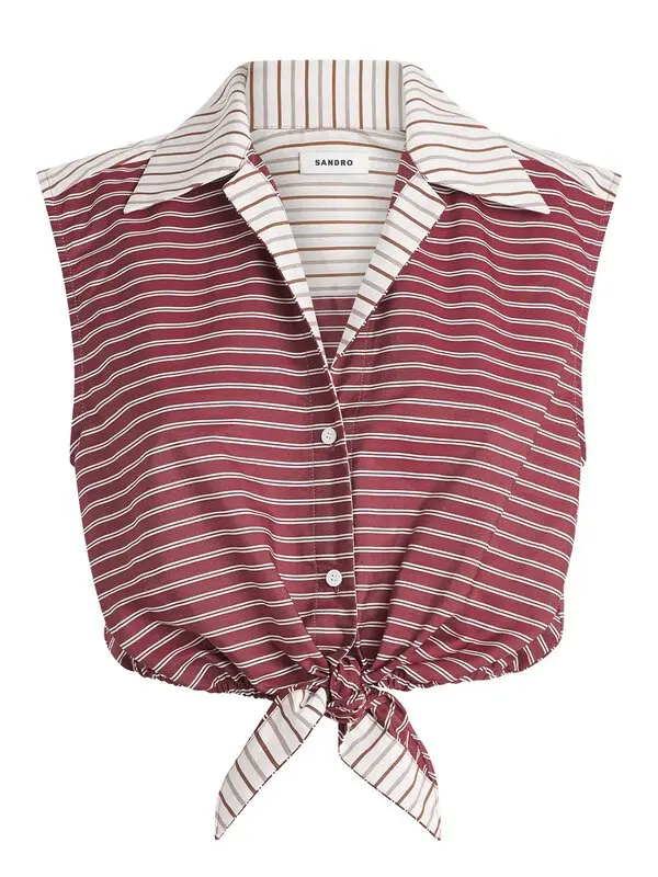 Sandro Sleeveless Striped Cotton Shirt With Front Tie Detail - Red