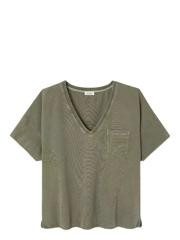 American Vintage V-neck Cotton T-shirt With Patch Pocket - Green