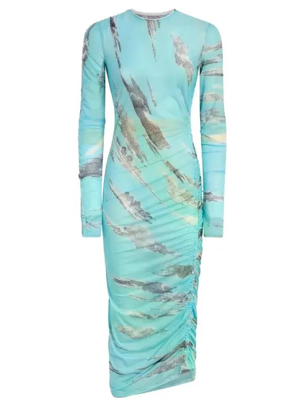 Moschino Archive Clouds Ruched-detailing Cloud-print Midi Dress - Blue