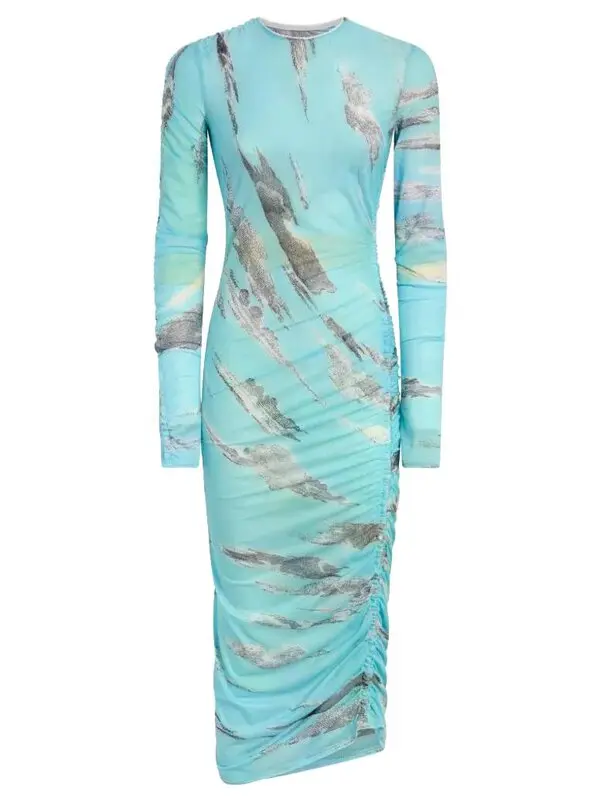 Moschino Archive Clouds Ruched-detailing Cloud-print Midi Dress - Blue