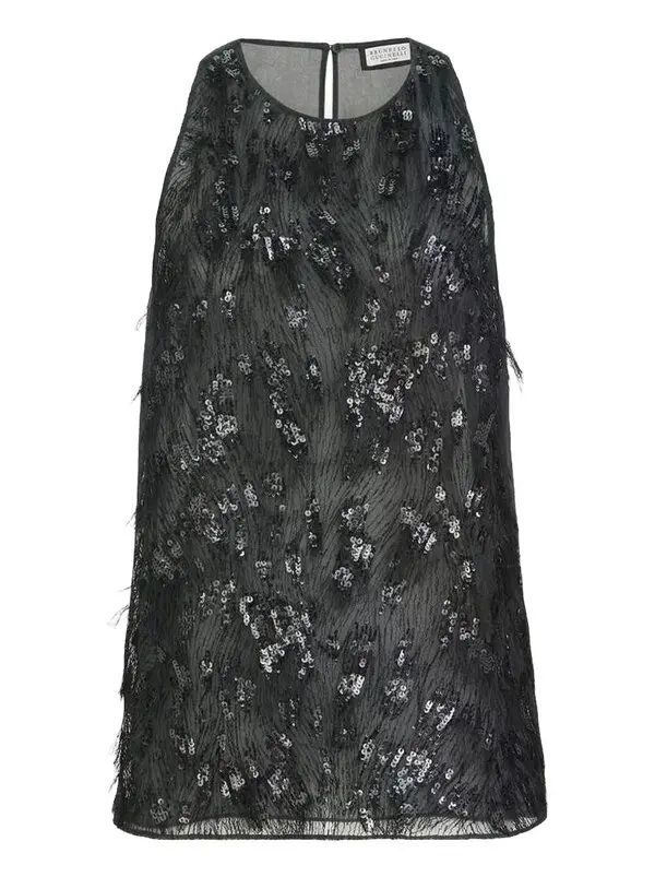 Brunello Cucinelli Sequined Silk Top With Lynx Embroidery - Black