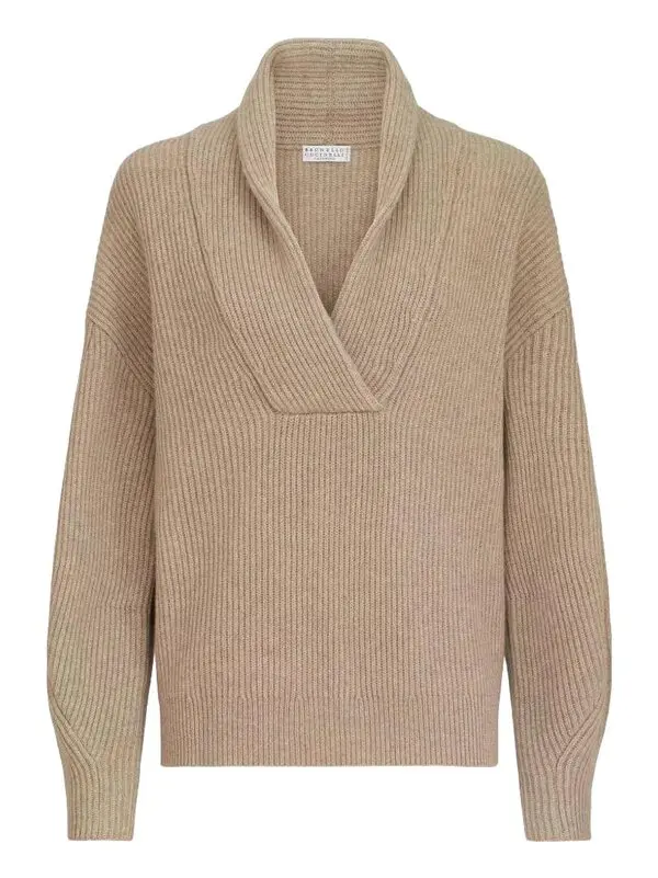 Brunello Cucinelli Cashmere English-rib Sweater With Monili - Neutrals