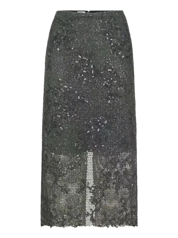 Brunello Cucinelli Dazzling Lace-embroidery Pencil Skirt In Sparkling Mohair And Wool - Grey