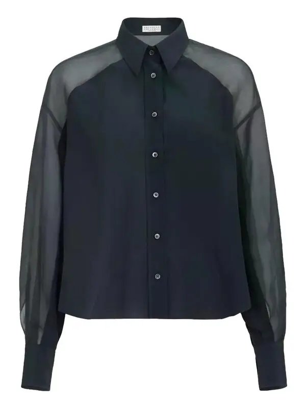 Brunello Cucinelli Silk Crêpe De Chine Paneled Shirt With Monili - Blue