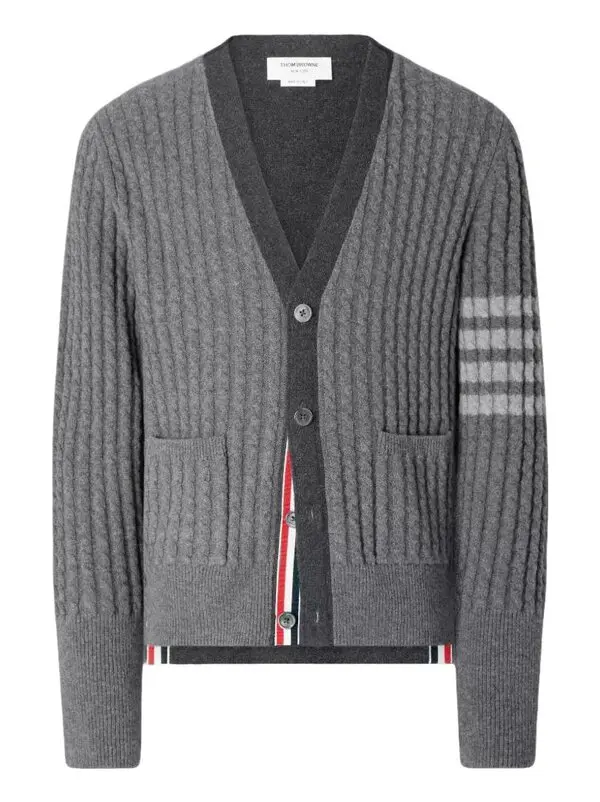 Thom Browne Wool Cable-knit Cardigan With Signature Stripes - Grey