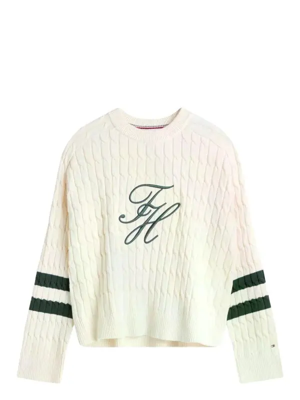 Tommy Hilfiger Cable Knit Logo Embroidered Sweater - Neutrals