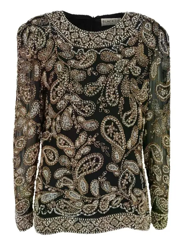 OLEG CASSINI VINTAGE Bead-embellished Paisley-print Top - Black