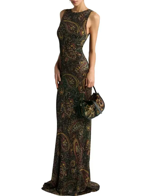 Etro Sleeveless Paisley Print Ribbed Maxi Dress - Black