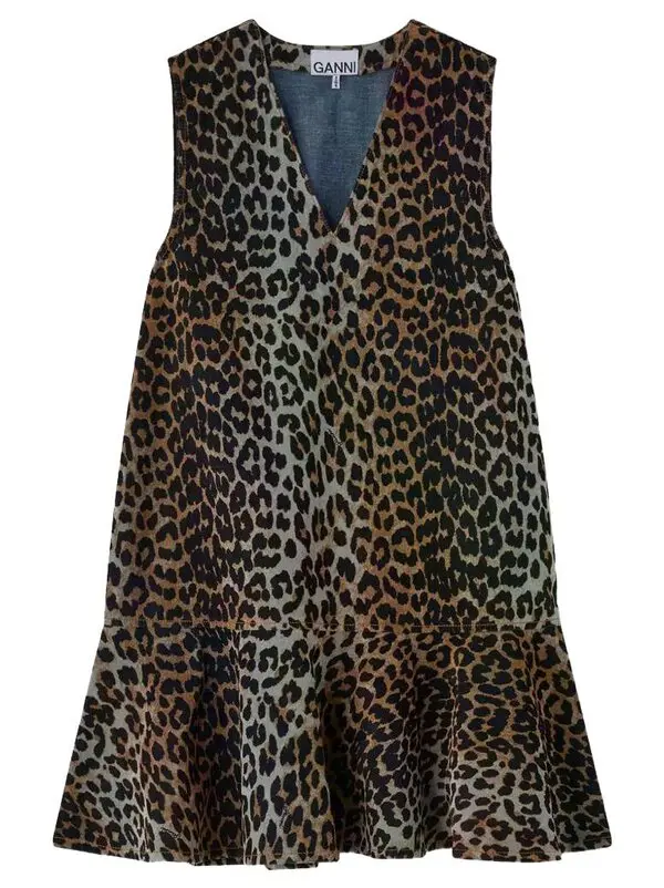 GANNI Leopard Print Denim Mini Dress With V-neckline And Ruffled Hem - Black