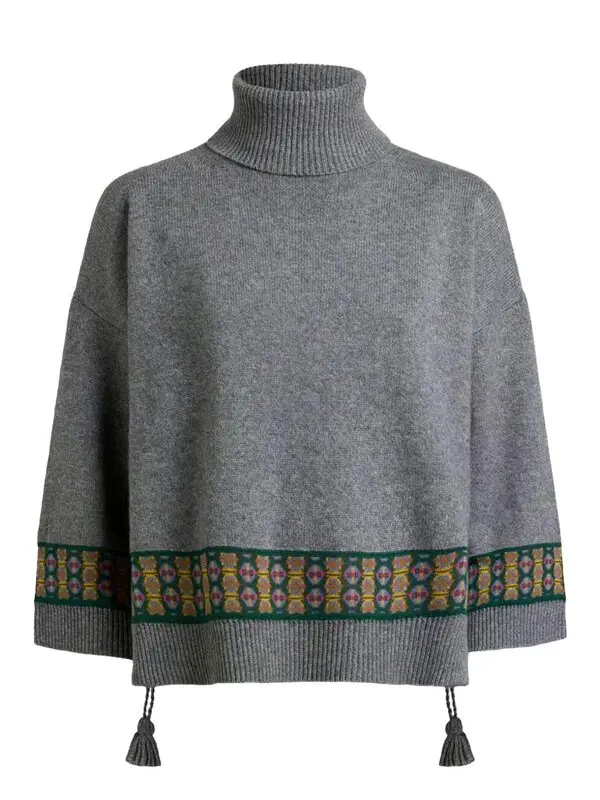 Etro Wool-blend Kimono Sweater With Tassels And Geometric Motif - Grey