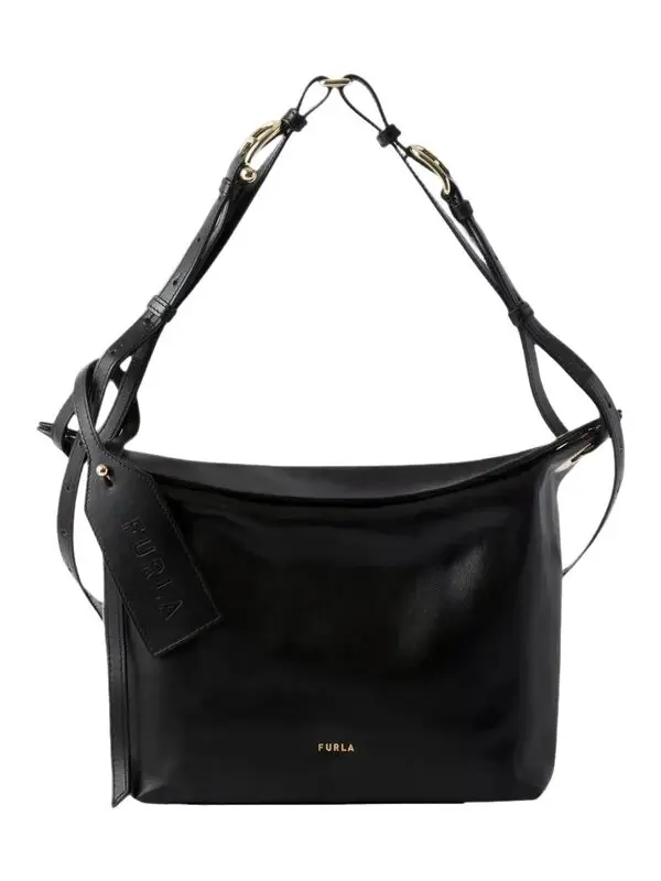 Furla Logo Plaque Leather Shoulder Bag - Black