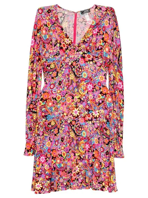Versace Floral Print Long Sleeve Dress - Black
