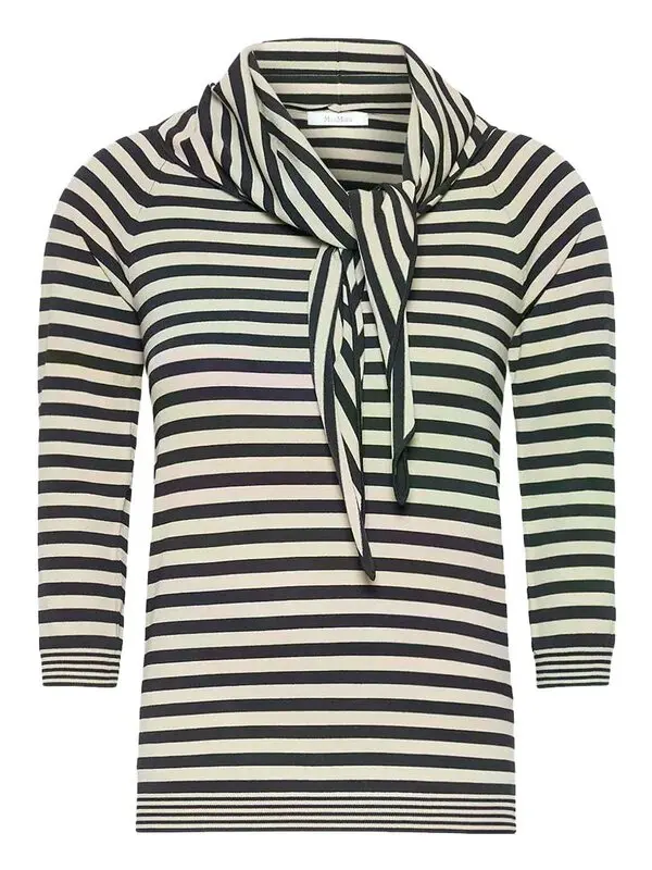 Max Mara Striped Tie-neck Quarter-sleeve Top - Black