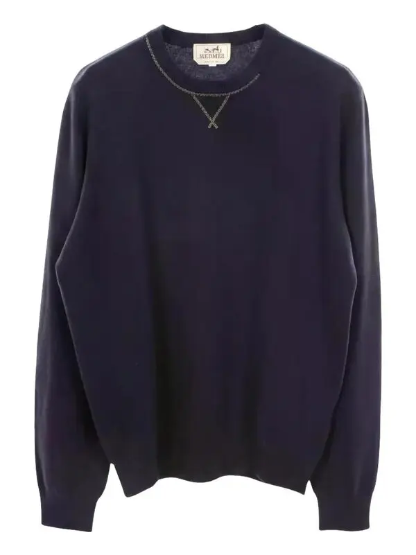 Hermès Navy Cashmere Sweater With Leather Stitching - Blue