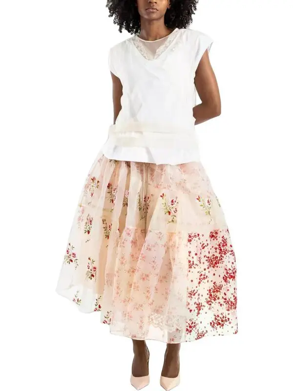 Simone Rocha Patchwork Floral Embroidered Midi Skirt - Neutrals
