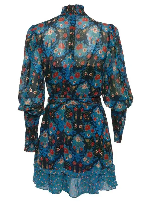 Farm Rio Arabesque Floral-print High Neck Mini Dress - Blue