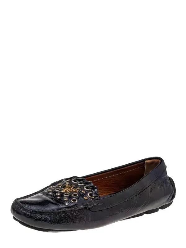 Prada Patent Leather Studded Logo Detail Boat Shoes - Black