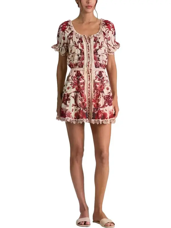 Alice + Olivia Mclaine Mini Dress With Floral Print And Lace Trim - White