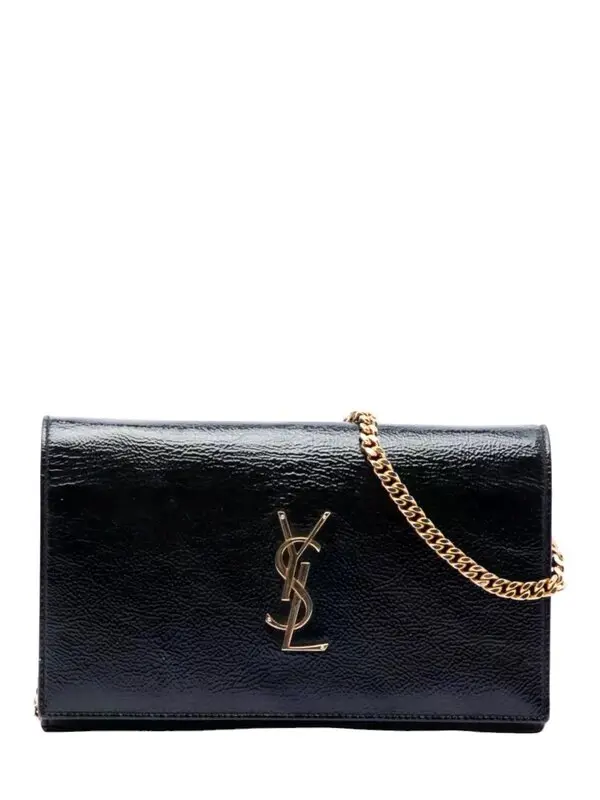 Saint Laurent Textured Patent Monogram Wallet On Chain Bag - Black