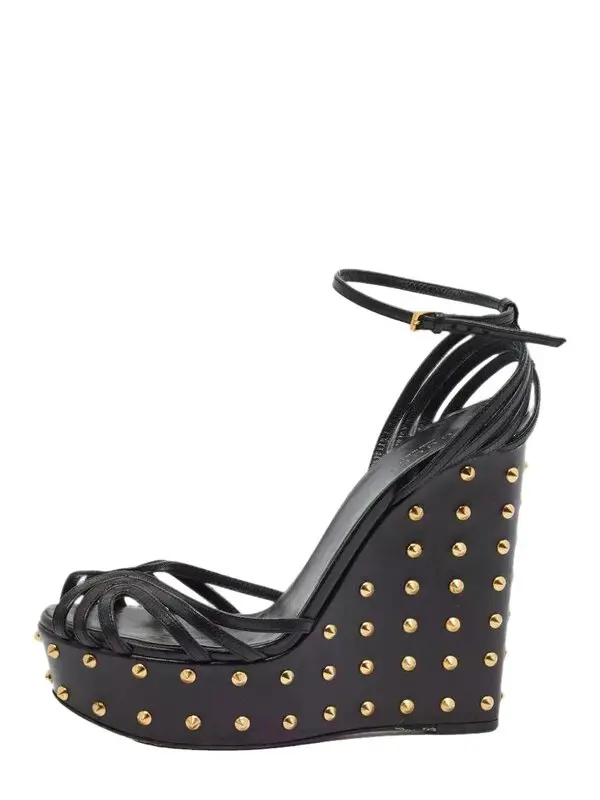 Gucci Gold-tone Spike Embellished Wedge Sandals - Black