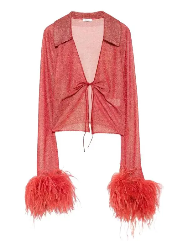 Oseree Feather-trimmed Metallic-thread Top - Red