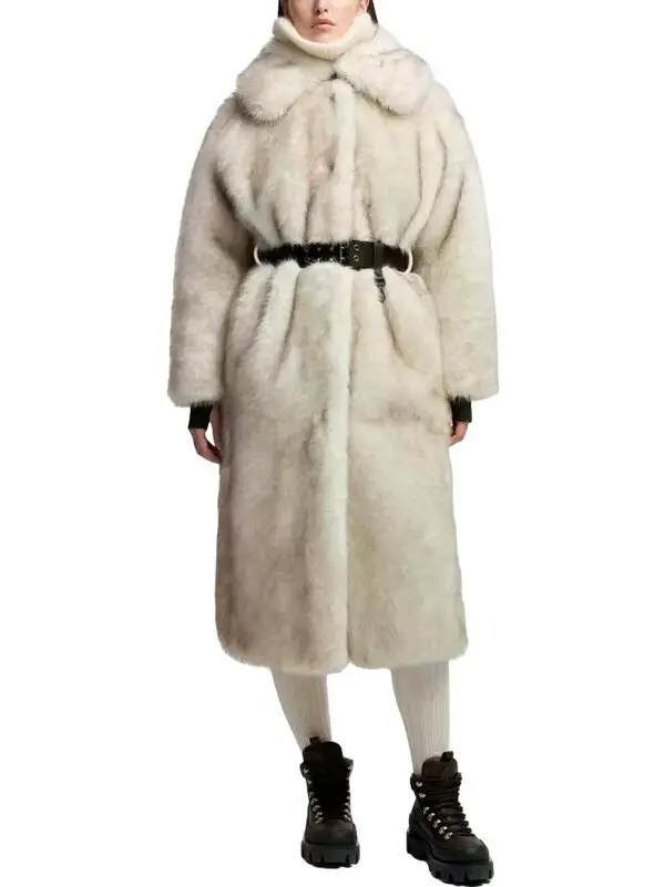 Moncler Faux Fur Belted Coat - Neutrals