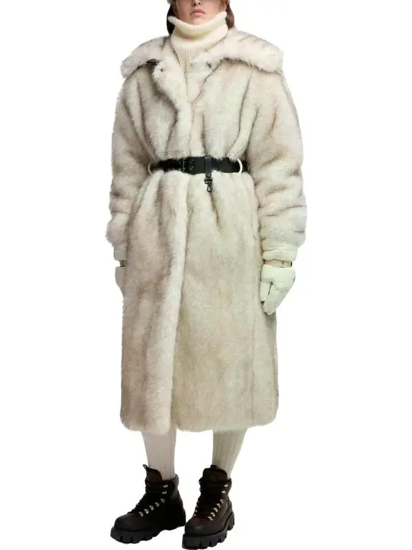 Moncler Faux Fur Belted Coat - Neutrals