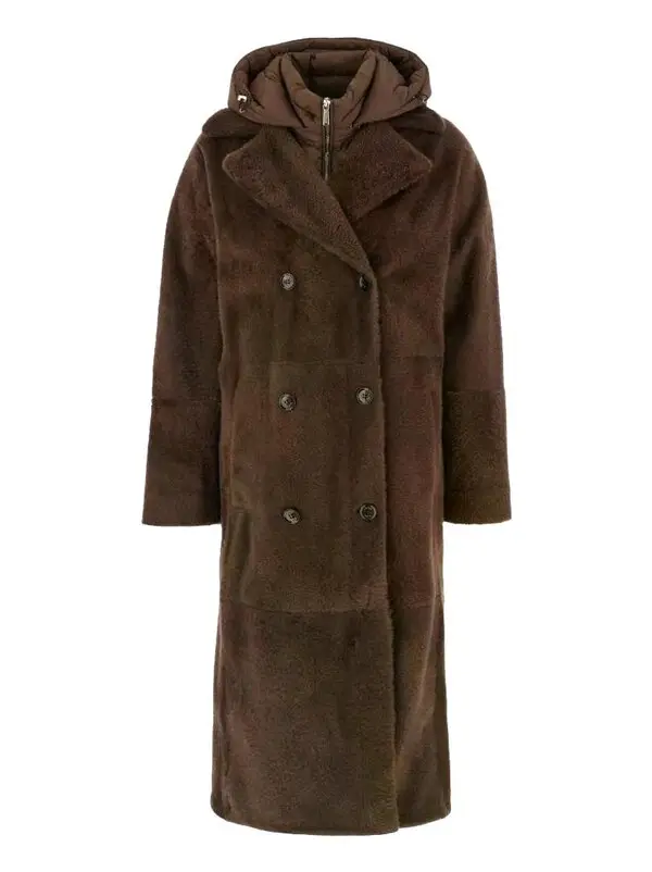 MOORER Hooded Double-breasted Coat - Brown