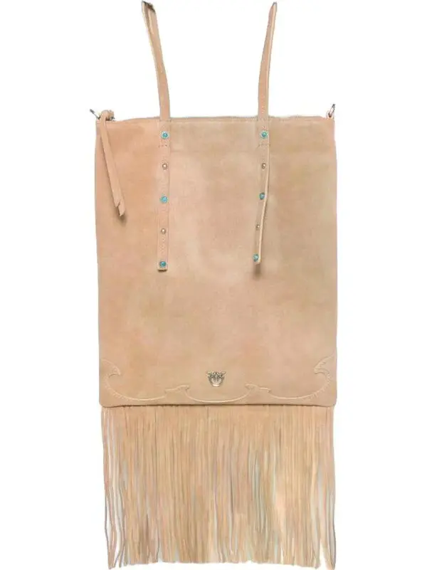 Pinko Mini Fringed Stud-embellished Suede Tote Bag - Neutrals