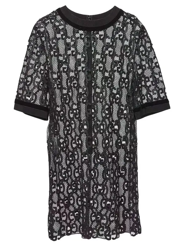 Gucci Lace Gg Logo Dress With Velvet Trim - Black