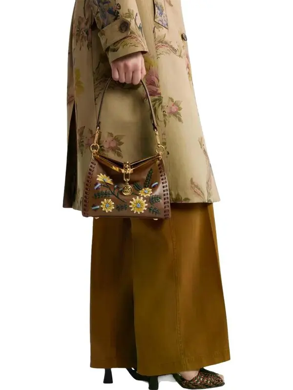 Etro Small Leather Vela Bag With Floral Embroidery And Threading - Brown