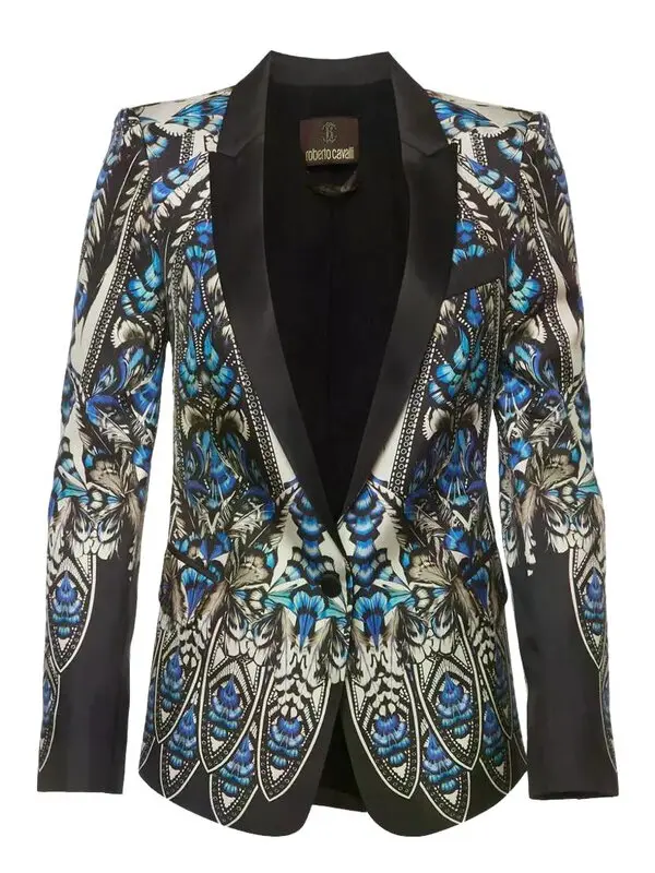 Roberto Cavalli Satin Single-breasted Blazer With Feather Print - Black