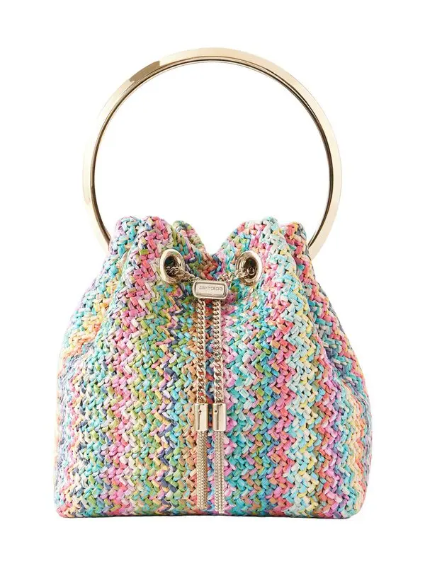JIMMY CHOO Bon Bon Striped Raffia Bucket Bag - Multi