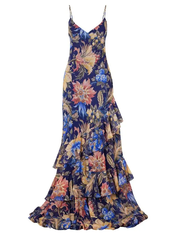 Etro Floral-print Ruffled Crepon Maxi Dress - Blue