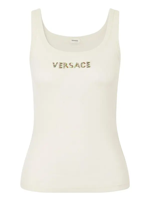 Versace Crystal And Bead-embellished Logo-embroidered Wool Tank - Neutrals